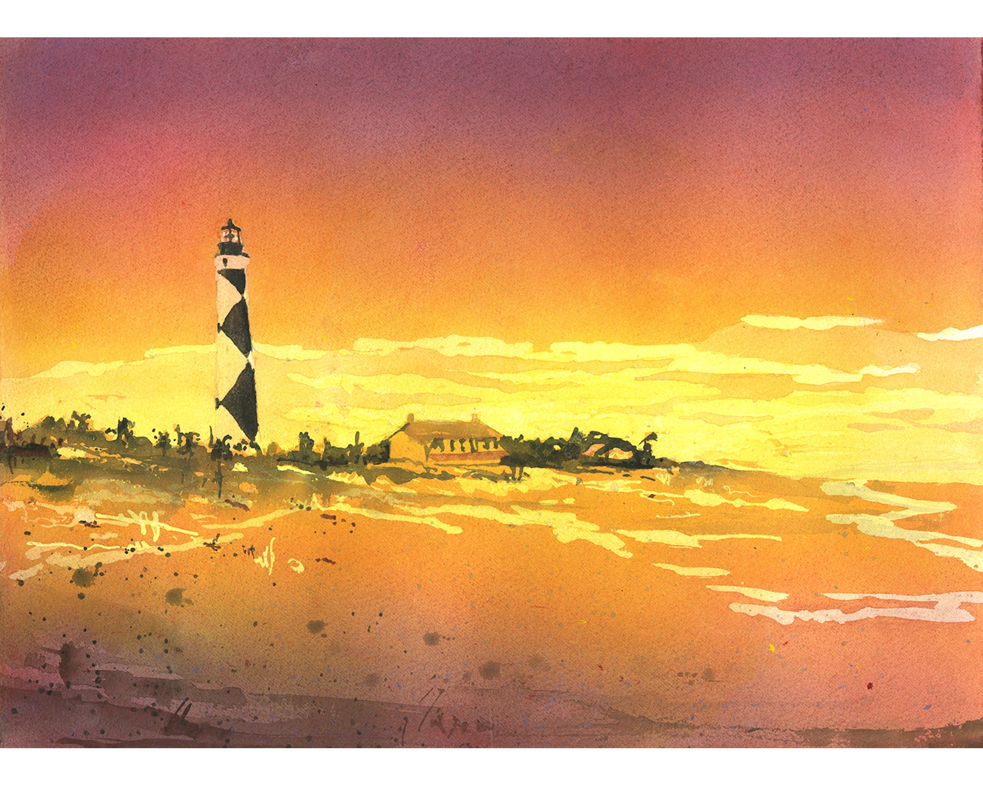Cape Lookout lighthouse colorful watercolor painting Outer Banks NC ...