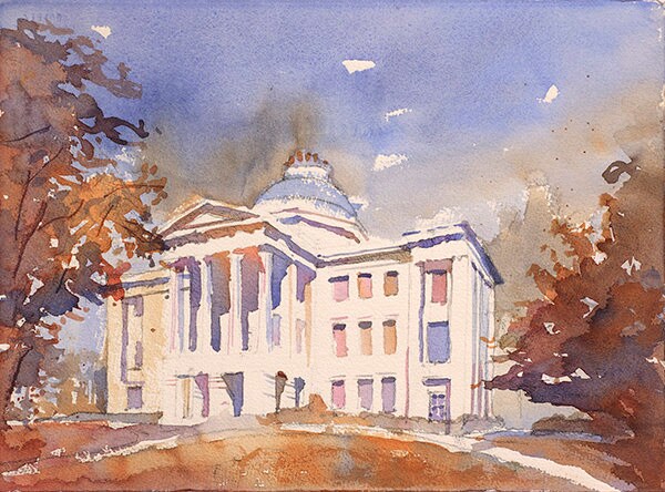 Capitol building in downtown Raleigh, North Carolina, watercolor paint ...
