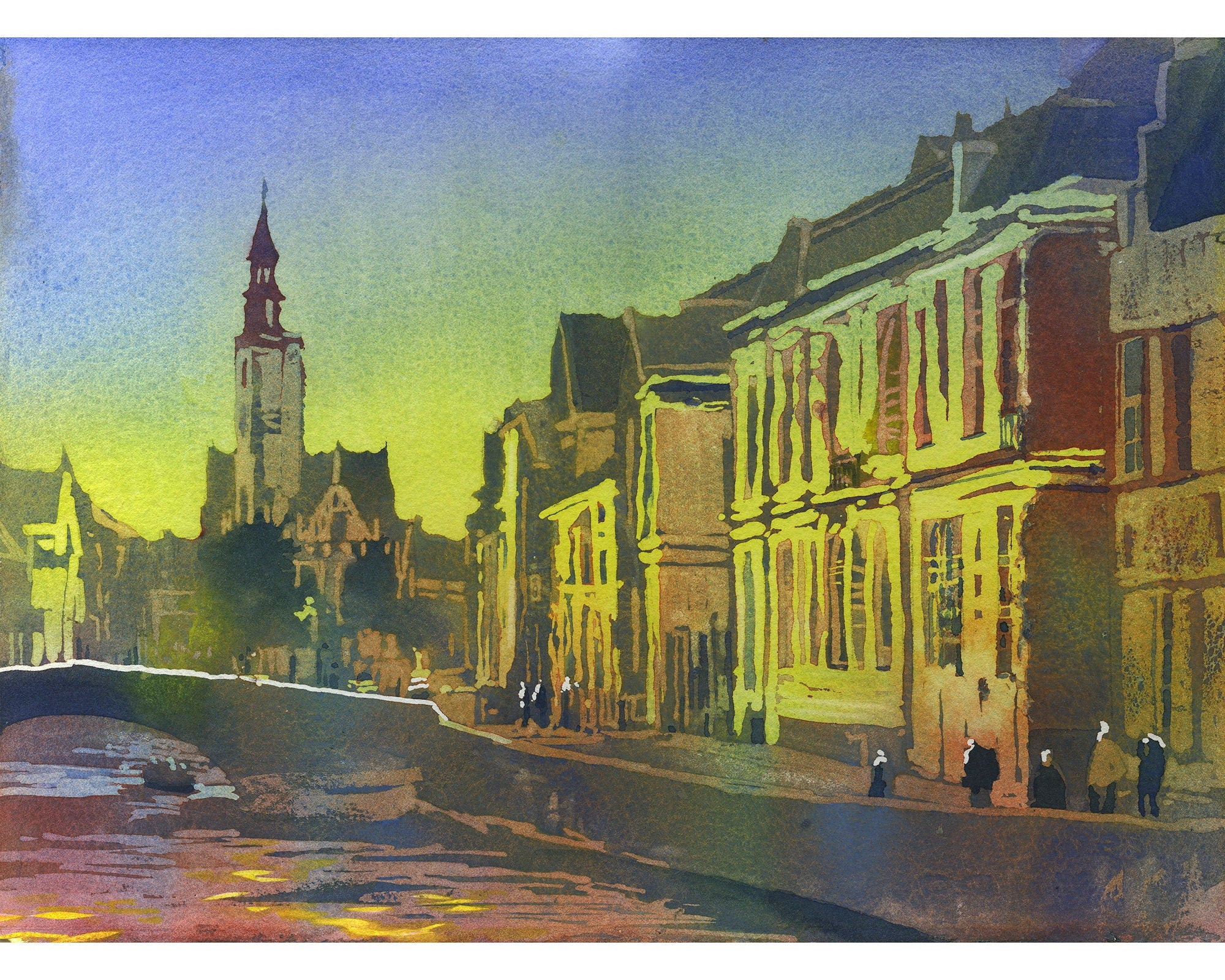 Bruges Belgium artwork. Church rising over medieval buildings of Bruge ...